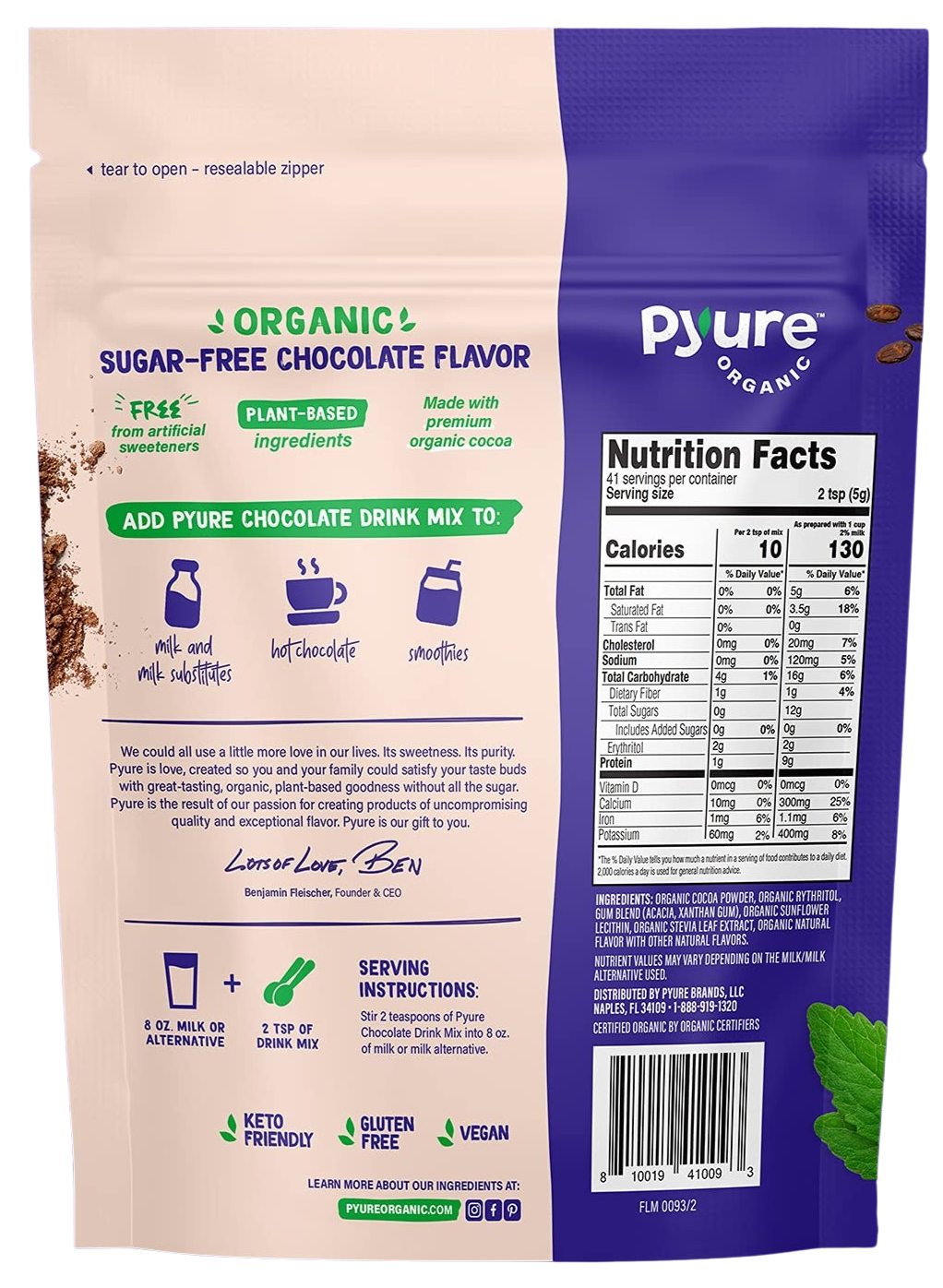 Pyure Organic Sugar Free Chocolate Drink Mix – Martie