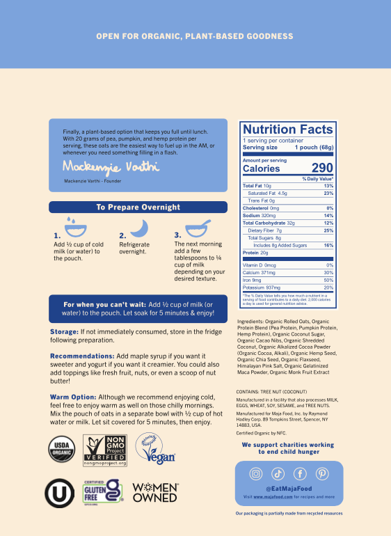 Maja Food Cacao & Coconut Overnight Oats Single Serve pouches – Martie