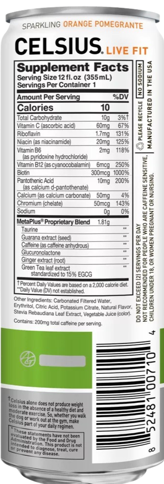 Celsius Orange Pomegranate Sparkling Water (12 Pack) – Martie